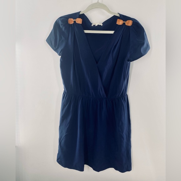 Maje | Dresses | Maje Navy Larissa Leather Shoulder Bow Silk Mini Dress ...